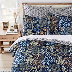 Levtex Home - English Forest Navy Duvet Cover Set - King Duvet Cover (106 x 94in.) + Two King Pillow Cases (20 x 36in.)- Leaves - Navy, Green, Teal, Blue, Cream - Rayon/Cotton