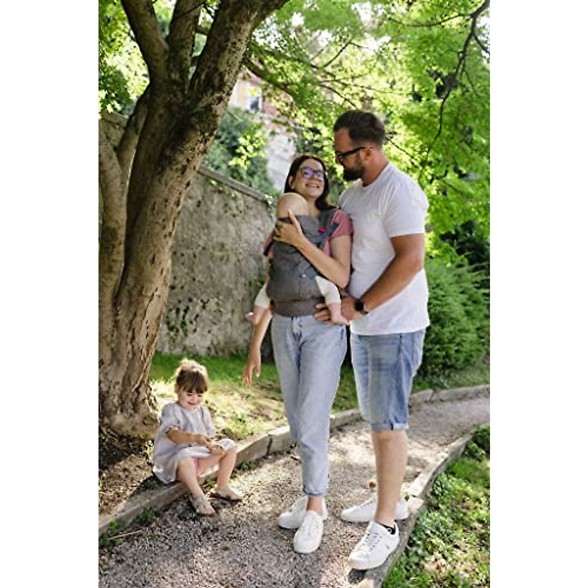 YOU+ME 4-in-1 Baby Carrier Newborn to Toddler - All Positions Baby Chest Carrier - Front and Back Carry Baby Carriers - Includes 2-in-1 Bandana Bib - Baby Holder Carrier for 8-32 lbs (Grey Mesh)