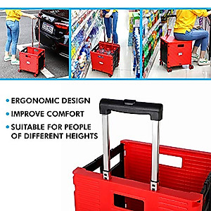 Rolling Cart with Wheels Folding Portable Plastic Crate Foldable Utility Handle Handcart with Lid 4 Wheeled Grocery Storage Heavy Duty Collapsible Mobile Trolley Box for Shopping, Office, Travel