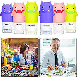 Meanplan 9 Pcs 6 Silicone Condiment Squeeze Bottles Squeeze Salad Dressing Bottles Portable Sauce Bottle Leak Proof Food Storage Bottles with Cleaning Brush Label Sticker Funnels for Lunch (Devil)