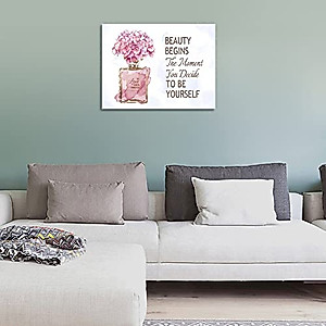 arteWOODS Fashioner Perfume Canvas Wall Art Gold Bottle Pink Flower Canvas Pictures Brown Inspirational Words Canvas Prints Motivational Quetos Wall Decor for Bathroom Bedroom Powder Room 16" X 12"