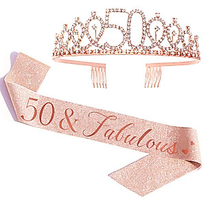 ADBetty 50th Birthday Sash & Rhinestone Tiara Set - Rose Gold Glitter 50th Birthday Gifts Birthday Party Supplies