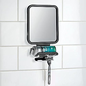 mDesign Large Modern Metal Suction Shaving Mirror Center for Bathroom Showers and Tubs - Holders for Shaving Cream and Razors - Matte Black