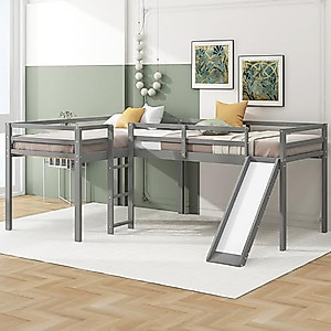 BOVZA L-Shaped Double Twin Size Loft Bed with Slide, Wooden Low Loft Bed Frame with Built-in Ladder and Safety Guardrail for 2 Kids Girls or Boys, Gray
