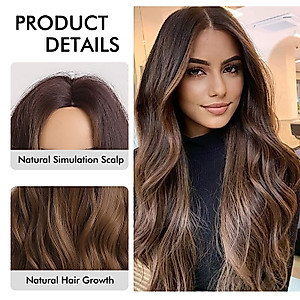 topshe Brown with Highlights Synthetic Wigs Middle Part Long Wavy Wigs with Dark Roots Womens Natural Heat Resistant Hair