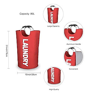 Mziart Thicken Laundry Bag Hamper Tote with Alloy Handles, Heavy Duty and Durable Canvas Clothes Storage Bag Washing Bag, Collapsible and Self Standing as Laundry Basket (Red)