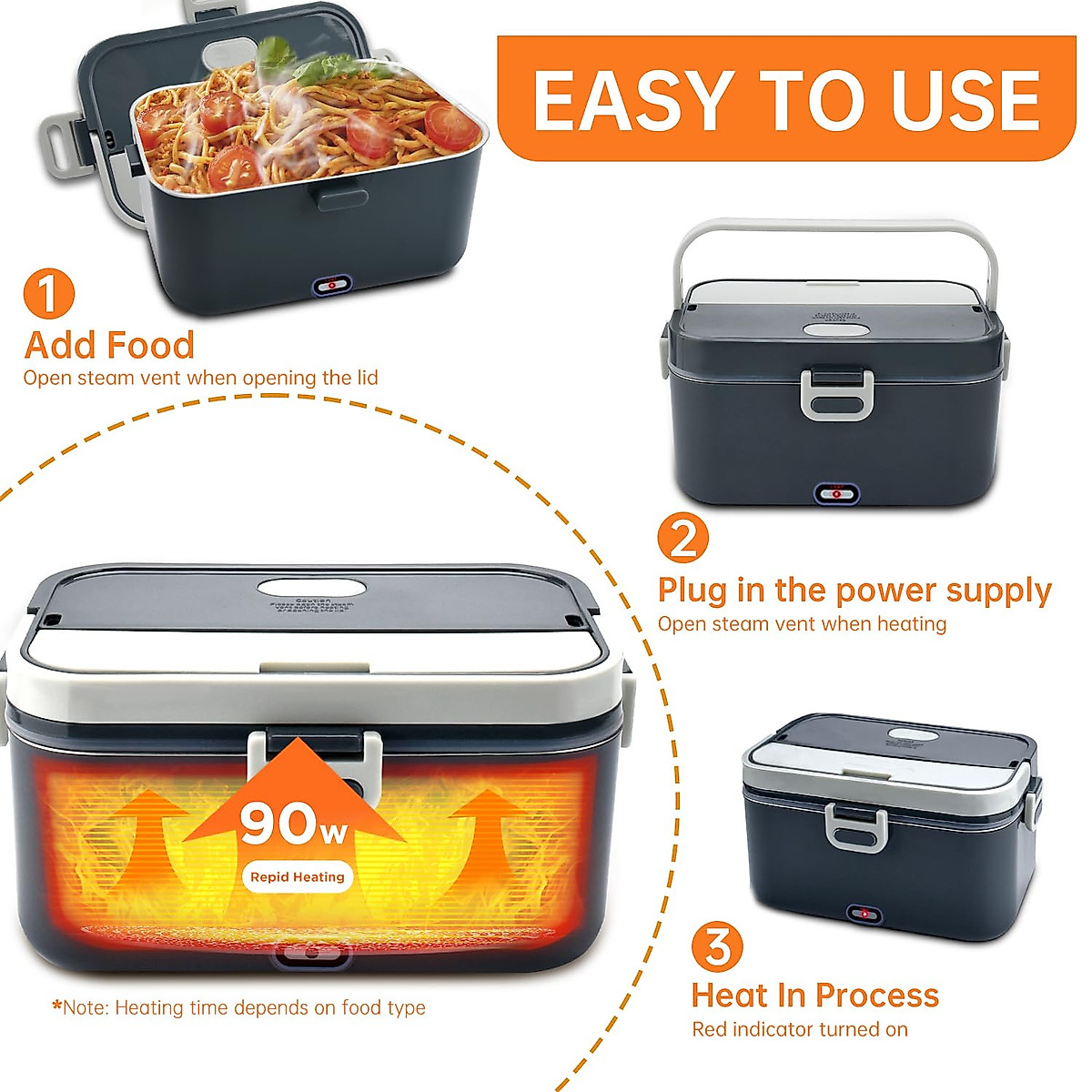 Auingote Electric Lunch Box for Adults 90W Heated Lunch Box - 12/24/110V Portable Food Warmer with 2L Stainless Steel Container - Food Heater Lunch Warmer for Car, Truck, Office - Grey