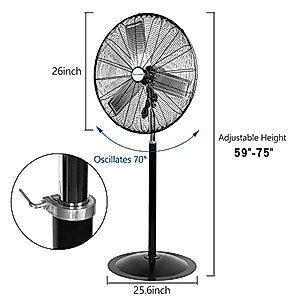 BILT HARD 6450 CFM 24" High Velocity Pedestal Oscillating Fan, 3-Speed Heavy Duty Industrial Standing Fan with Aluminum Blades and Adjustable Height, Metal Shop Fan for Commercial, and Garage