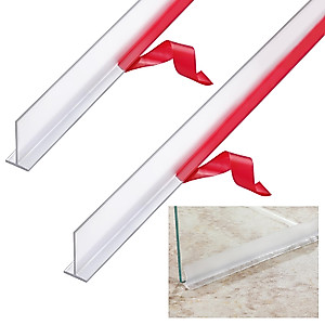 Newtay 2 PC Clear Vinyl T-Type Seal Strip with Pre-Applied Self Adhesive Backing Bathroom Threshold Water Strip Dam Shower Guard Shower Door Seal Strip for 1/2" Gap - 73" Long Frameless Shower Door
