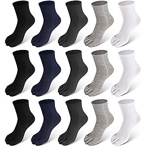 Kenning 15 Pairs Five Toe Socks Mens Polyester Cotton Crew Running Liner Athletic Finger for Winter Activities Hiking Yoga, 5 Colors, Black, Light Grey, Dark Navy Blue and White, One Size