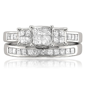 Beyond Brilliance 1.10 Carat Diamond, Prong-Set 14K White Gold Princess Cut Three-Stone Diamond Engagement Bridal Ring Set (I-J, I1-I2)