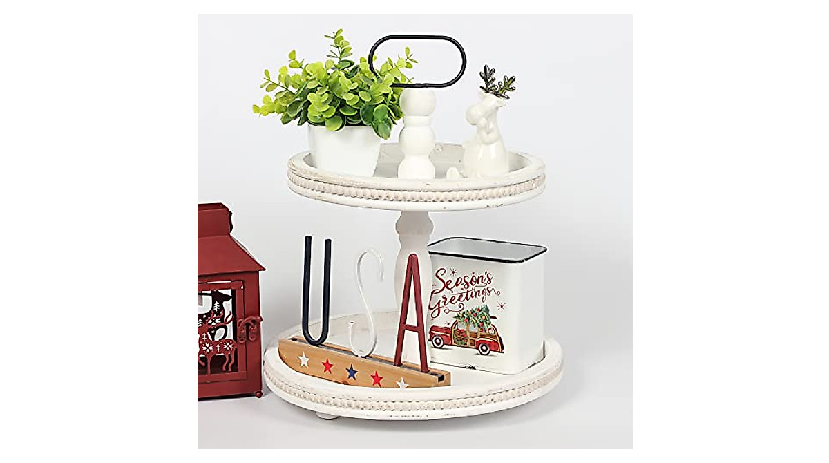 Farmhouse White Two-Tier Tray with Metal Handle for Home Decor