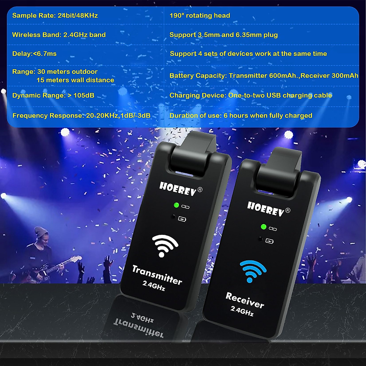 HOEREV 2.4GHz Wireless Transmitter Receiver for Electric Guitar with Rechargeable Lithium Battery
