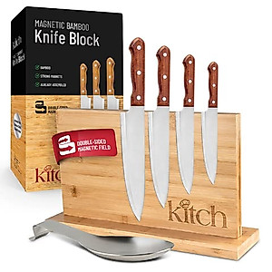 Kitch Magnetic Bamboo Knife Block 12", Double sided space saving freestanding storage holder for knives, handmade universal cutlery organizer stand with magnets