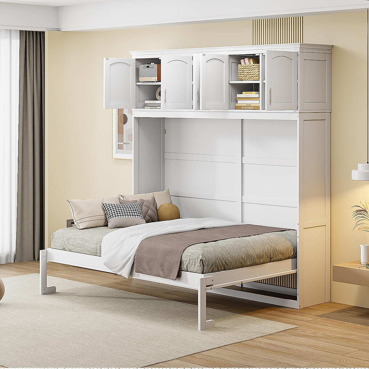 Merax Modern Farmhouse Solid Wood Murphy Bed Chest with Top Cabinets, Tall Wall Platform Bed Space Saving/Wood Slat Support Full,White