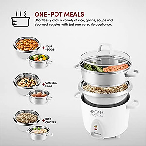 Aroma Housewares 14-Cup (Cooked) / 3Qt. Select Stainless Pot-Style Rice Cooker, & Food Steamer, One-Touch Operation, Automatic Keep Warm Mode, White (ARC-757-1SG)