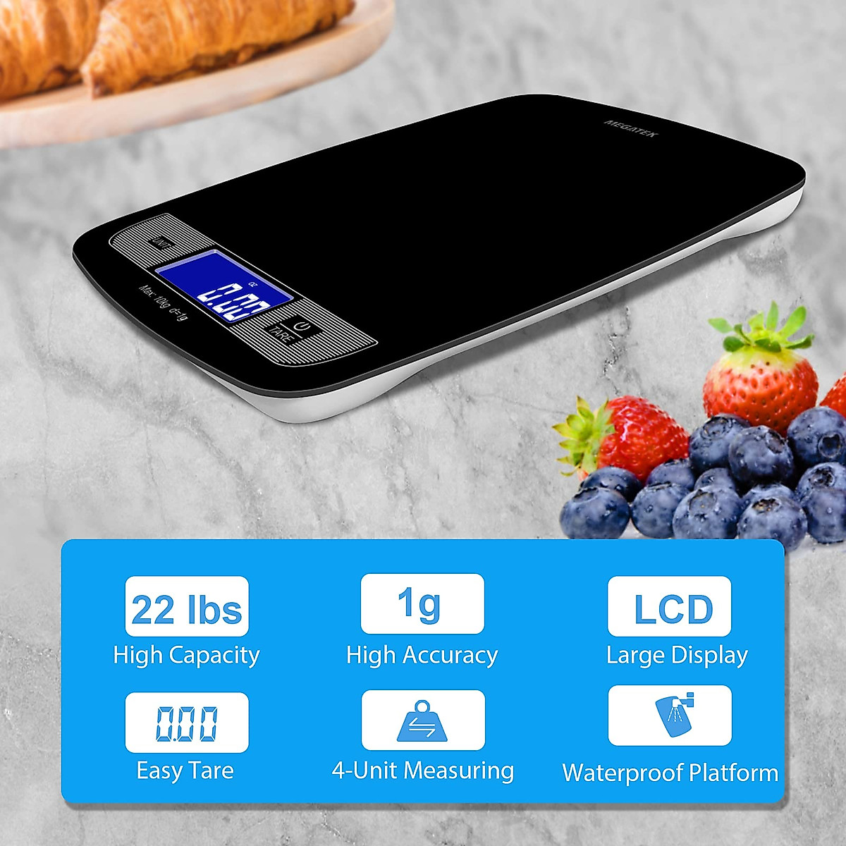 MEGATEK 22lb Digital Food Kitchen Scale Weight in Grams and Ounces for Baking and Cooking, 0.05 oz/1g Accuracy, Large Backlit LCD Display and Weighing Platform, Tempered Glass - Black