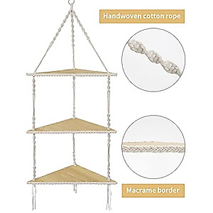Mazjoaru Macrame Corner Shelves 3 Tier, Boho Handmade Woven White Rope Beige Hanging Floating Shelf Decor Display Storage Organizer for Bedroom Bathroom Office Living Room