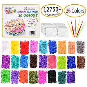 Inscraft Rubber Bands Refill Kit , 12750+ Premium Loom Bands in 26 Colors with 500 Clips ,6 Hooks for Kids Bracelet Weaving Kit DIY Crafting