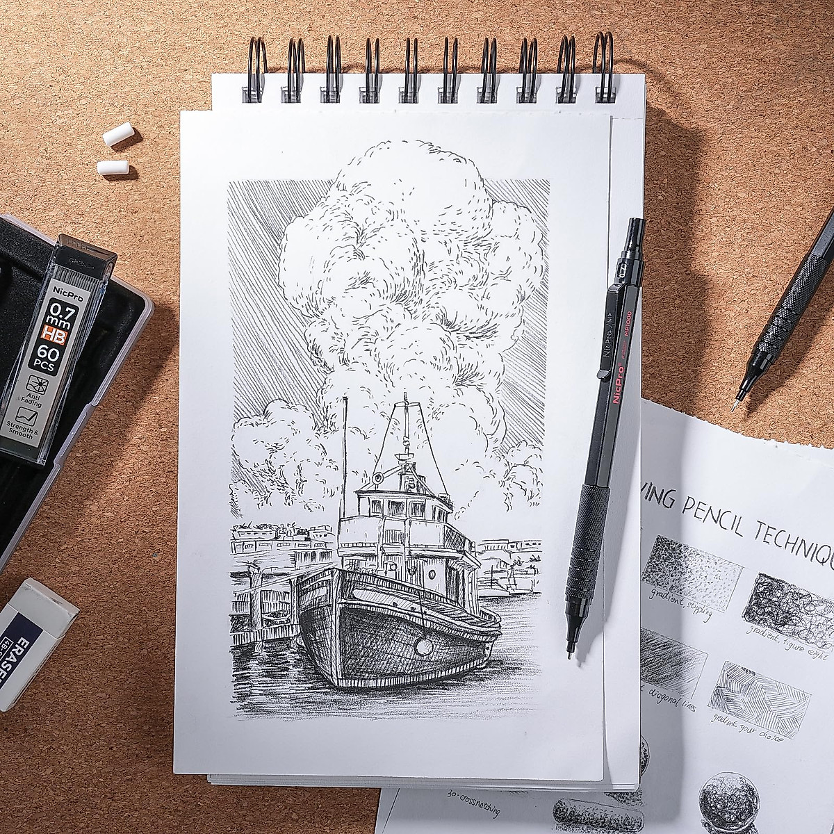 Nicpro 0.7 mm Mechanical Pencils Set with Case, 3 Metal Artist Pencil With 6 Tube HB Lead Refills, 3 Erasers, 9 Eraser Refills For Architect Art Writing Drafting Drawing, Engineering, Sketching, Black