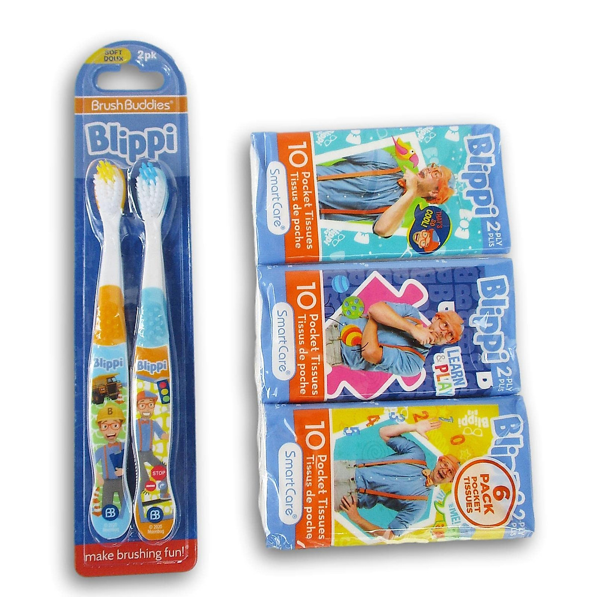 Blippi Toothbrush & Blippi Pocket Tissues Bundle - Kids Travel Kit - Soft Toothbrush 2 Count and Pocket Tissues 6 Count