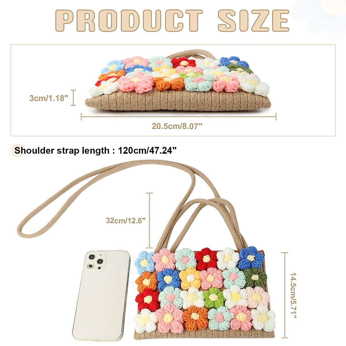 SUKUTU Women Small Flower Handwoven Crossbody Handbag Cute Multicolored Purse Bag Cotton Crochet Shoulder Bag