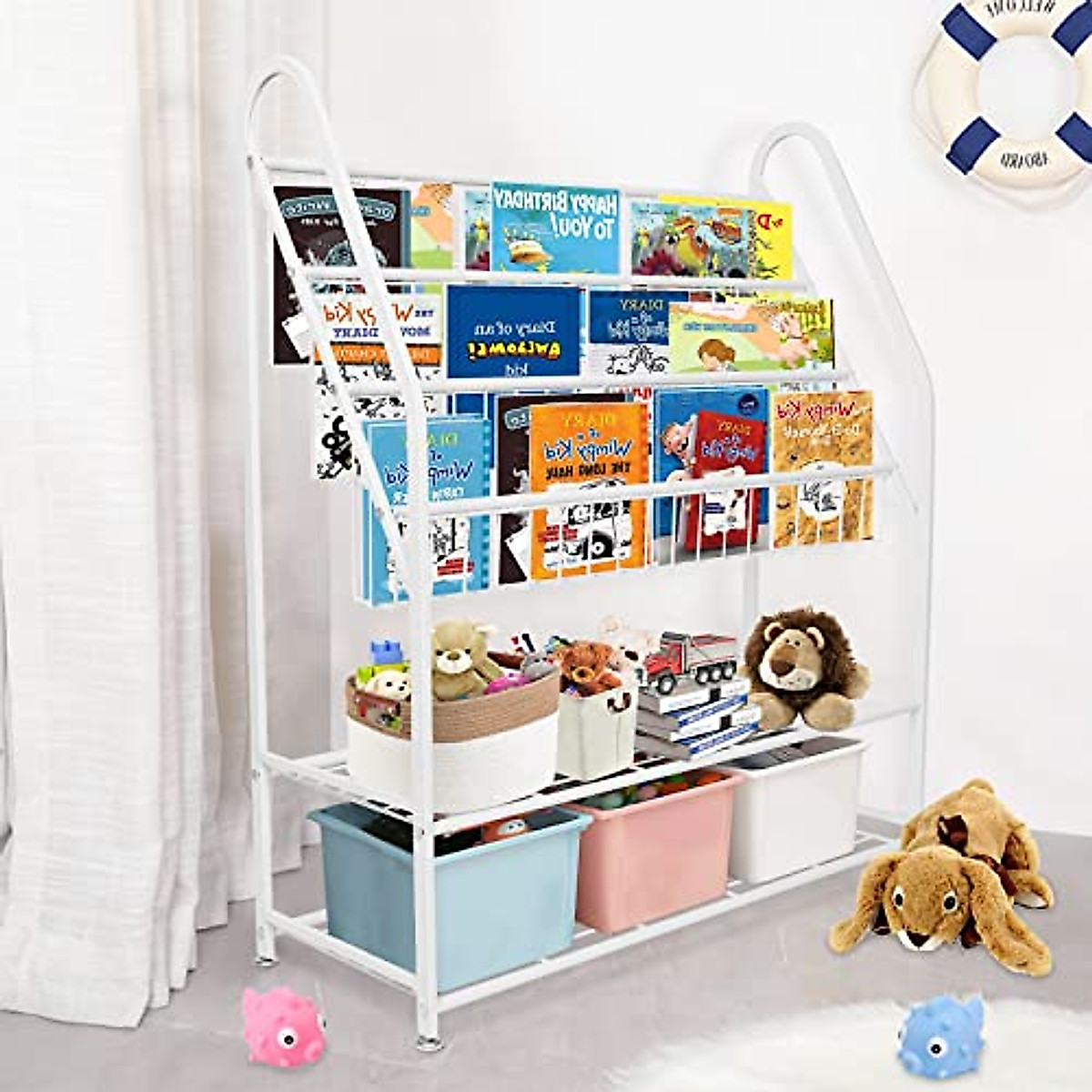 aboxoo Metal Kids Bookshelf Freestanding Bookcase for Children Room 32 in Toy Organizer Large Modern MinimalistWhite Stable Metel Bookstore Bedroom, Living, Library Book Unit Storage