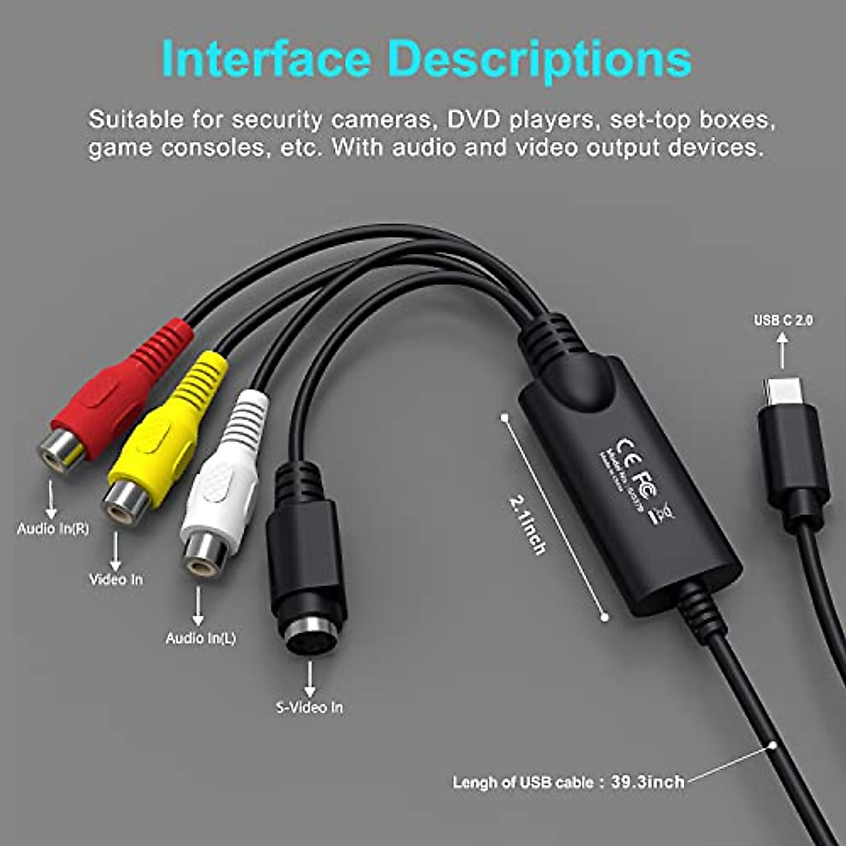 Kkf VHS to USB RCA Converter, Analog to Digital Video, Digital Video for VCR DSLR TV Box DVD Camera PS3 PS4,USB 2.0 Audio Capture Card Transfer Collector (RCA to USB C)