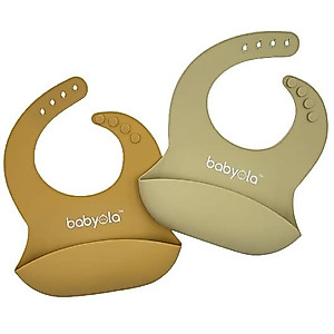 Silicone Baby Bibs with Spill Catcher, Set of 2, Adjustable Waterproof & BPA Free, For Boys And Girls, Babies & Toddlers, Pastel Orange & Yellow