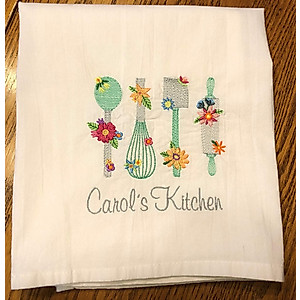 Personalized embroidered tea towel, spring kitchen utensils, flour sack dish towel, bridal shower or wedding gift under 20
