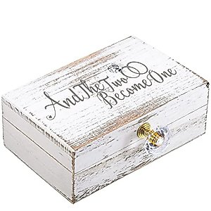 Wedding Ring Box Ring Bearer Box And Then Two Become One Mr. and Mrs. Diamond Wooden Wedding Ring Box Holder for Wedding Decor Elegant Wedding Gift Box, 5W x 6D x 2H (White)