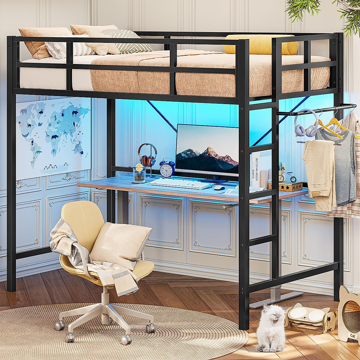 Hasuit Twin Loft Bed with LED Lights, Metal Loft Bed Twin Size with Full-Length Guardrail &Clothes Rack, Heavy Duty Metal Loft Bed Frame, Space-Saving, Noise Free, No Box Spring Needed, Black