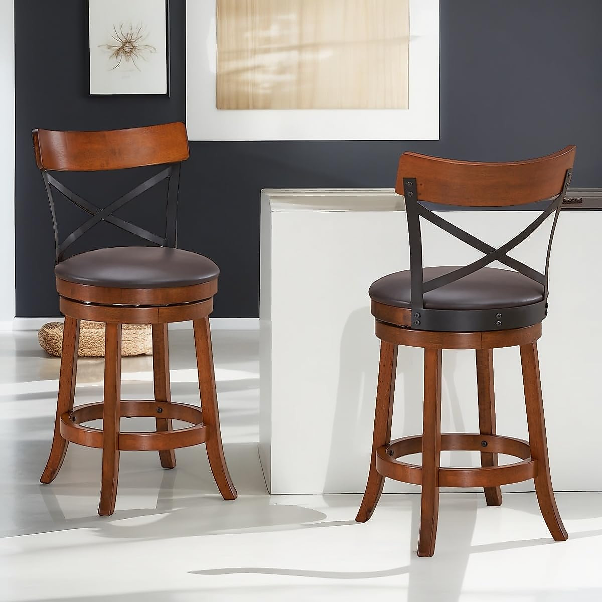 ERGOMASTER Swivel Counter Height Barstool 24 Inch Seat Height Bar Chair Cappuccino X Open Back （ 24 Inches,Set of 4）