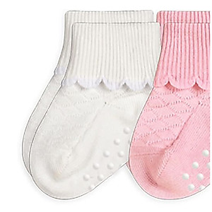 Jefferies Socks Baby Girls' Non-Skid Scalloped Turn Cuff 6 Count (Pack of 1), White/Pink, Toddler, Shoe Size 3-7