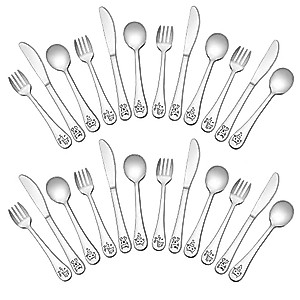 TeamFar Toddler Utensils 24 Piece, Stainless Steel Kids Utensils Cutlery Silverware Set, Includes 8 Forks, 8 Knives, 8 Spoons, Healthy, Cute Animal Print & Dishwasher Safe