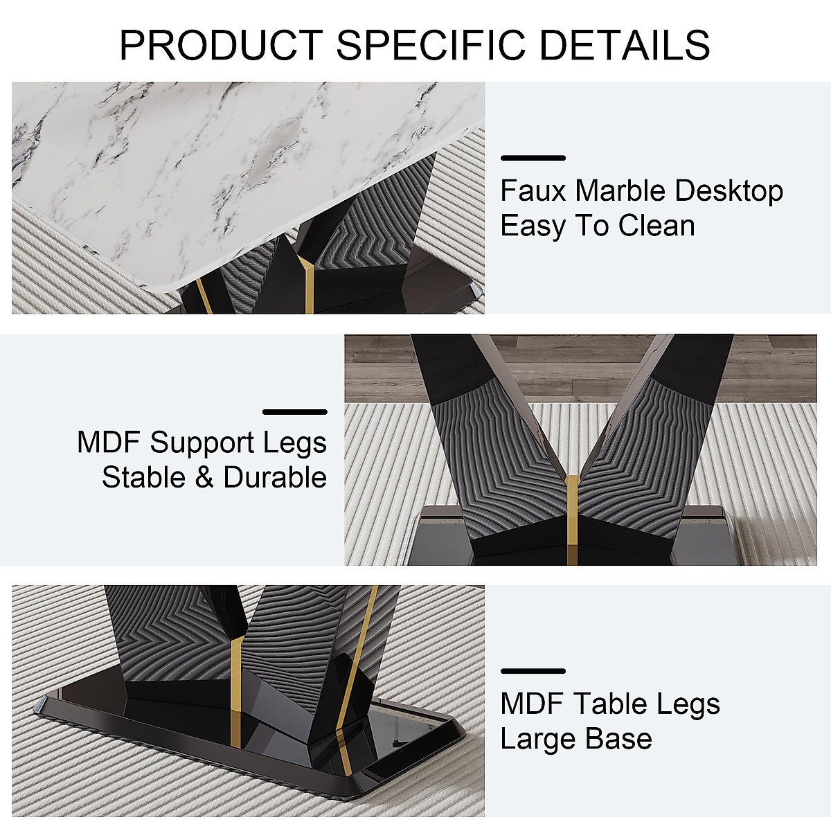 Pvillez 63 inch Marble Dining Table, Modern Dining Table for 4 6 People, Kitchen Table with Rectangular White Faux Marble Top & V Shape Pedestal Base Dinner Table for Dining Room Kitchen Living Room