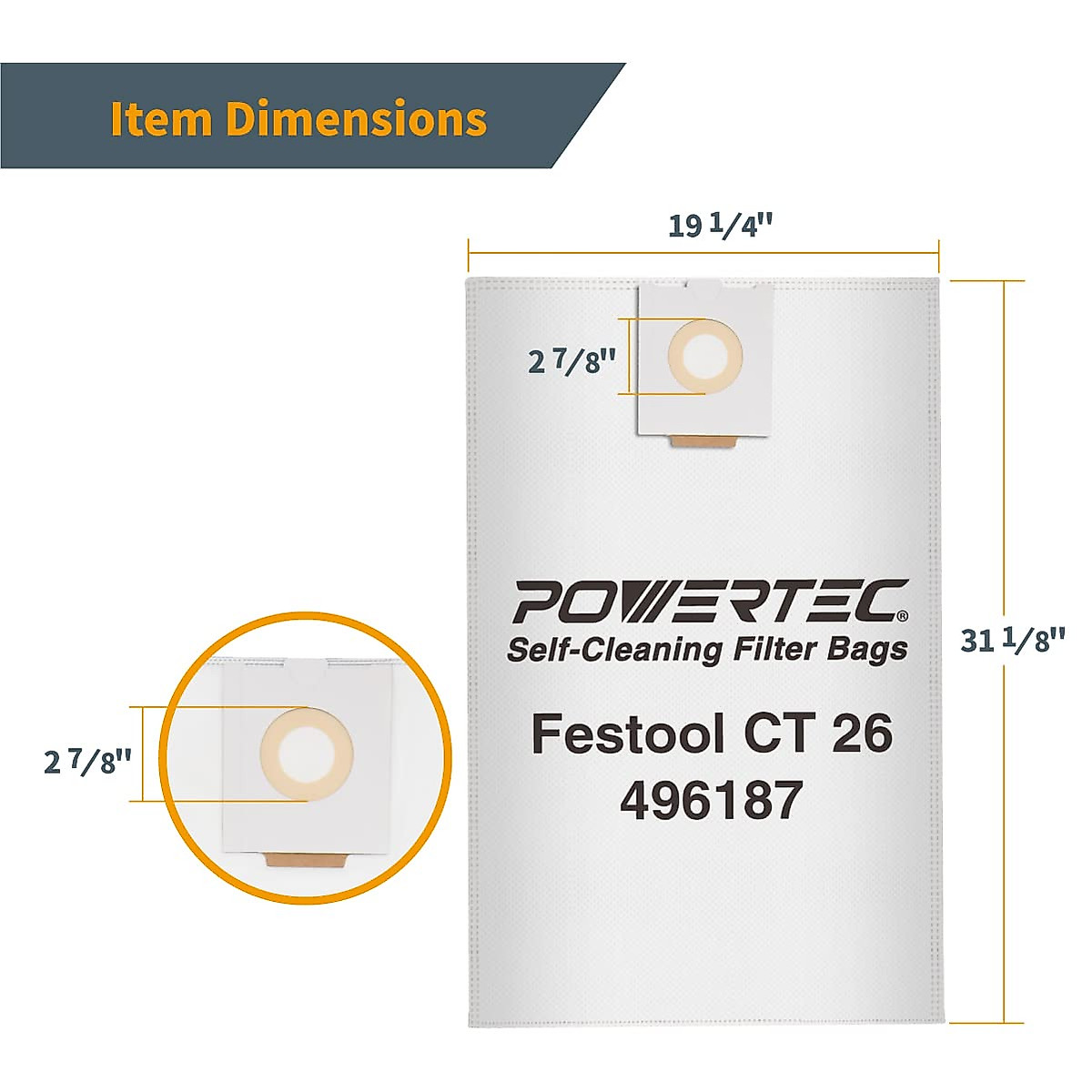 POWERTEC 75037 Filter Bags for Festool 496187 Fits CT 26, 5PK
