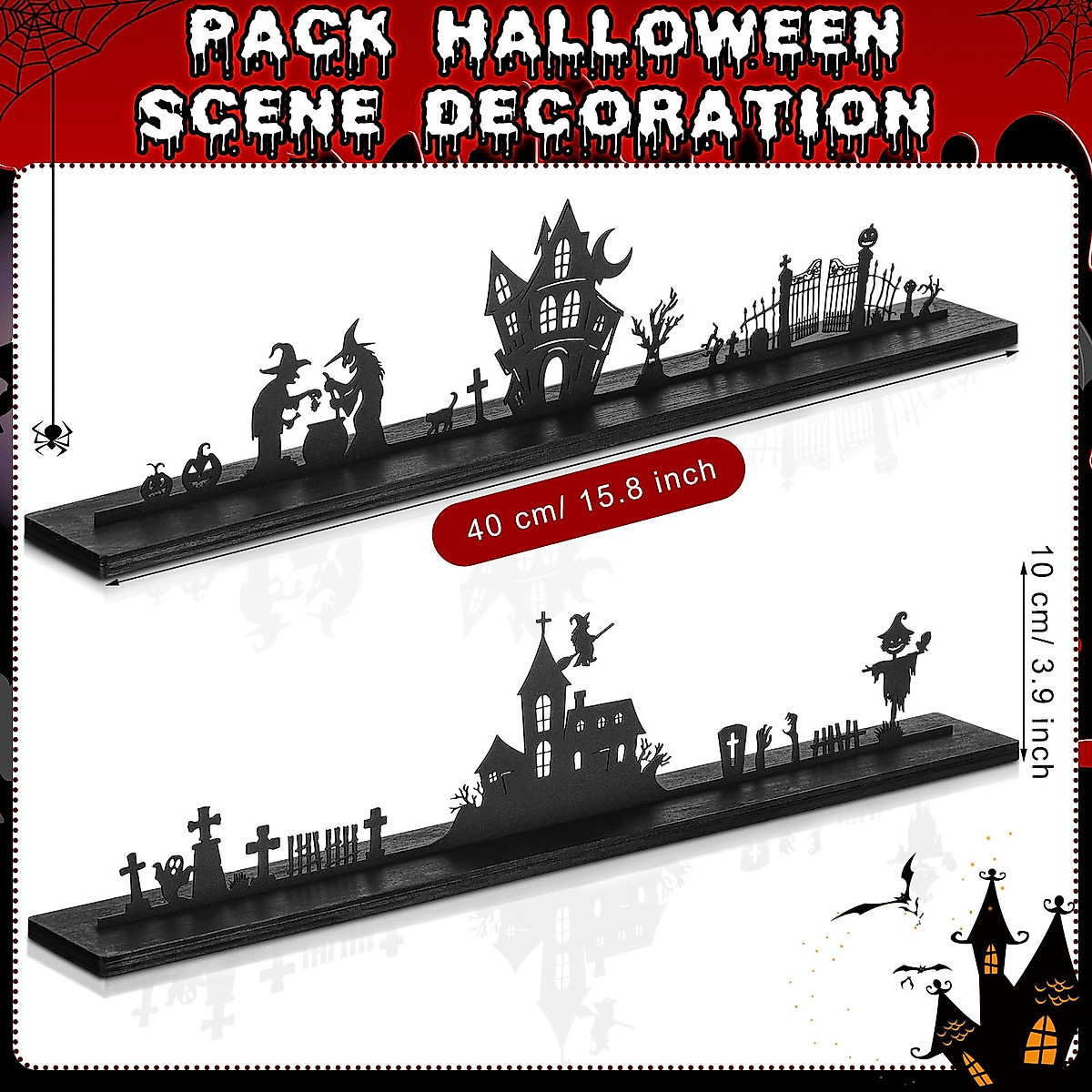 Amyhill 2 Pcs Halloween Metal Table Decorations 15.8 Inch Silhouette Haunted House Cemetery Signs Black Spooky Halloween Witch Cauldron Ghost Detachable Tabletop Centerpiece Decor for Home Table Shelf