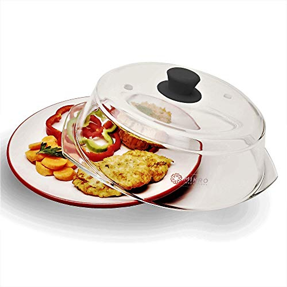 Microwave Borosilicate Glass Plate Cover for food Tall Splatter Guard - Easy Grip Silicone Knob - BPA Free and Dishwasher safe - Black