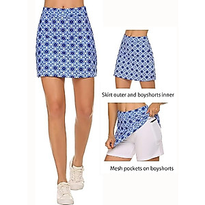 Ekouaer Golf Skirts for Women 16" Tennis Skort Athletic Skirt Inner Shorts Pocket Floral Pickleball Running Workout Sports Skorts,Blue Pattern X-Small