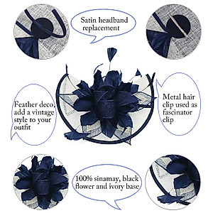 Z&X Navy Blue And White Fascinator Hat Sinamay Feather Floral Derby Hat For Women, Fascinator 1- Navy Blue+White, ONE SIZE
