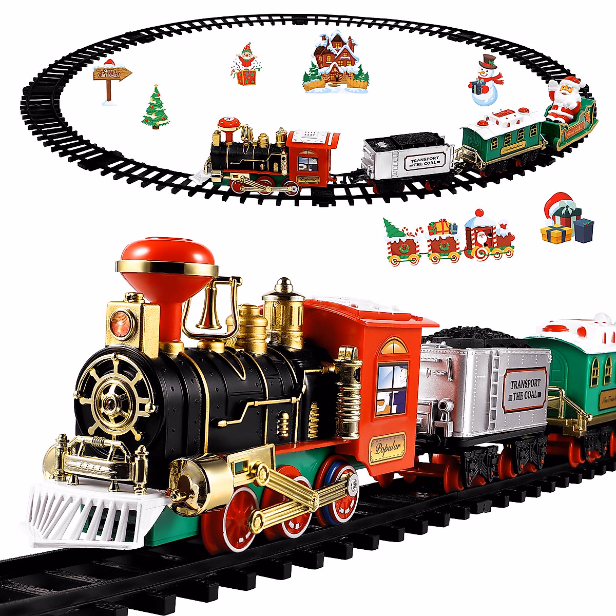 Toyvian Christmas Railway Train Set with 47.2" Railway Track & 4 Cars Lights and Sounds Railway,Battery Operated Locomotive Engine Play Set Electronic Toys Gift for Kids