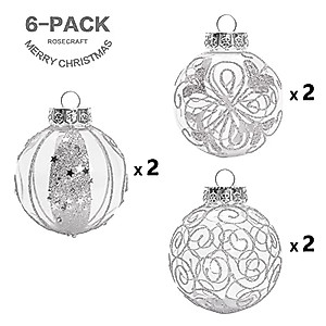 MoonXmas Christmas Ornaments Set, 2.75"/70MM Silver Clear Plastic Shatterproof Christmas Tree Hanging Decorations, for Indoor Home Halloween Thanksgiving Xmas Decor - 6Pcs.
