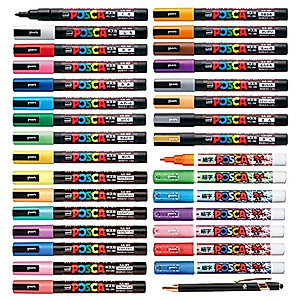 Uni Paint Marker Poster Color All Color Marking Pen Fine Point PC-3M 31 Color Set 17 Standard & 7 Natural & 7 Glitter With Original Stylus Ballpoint Touch Pen