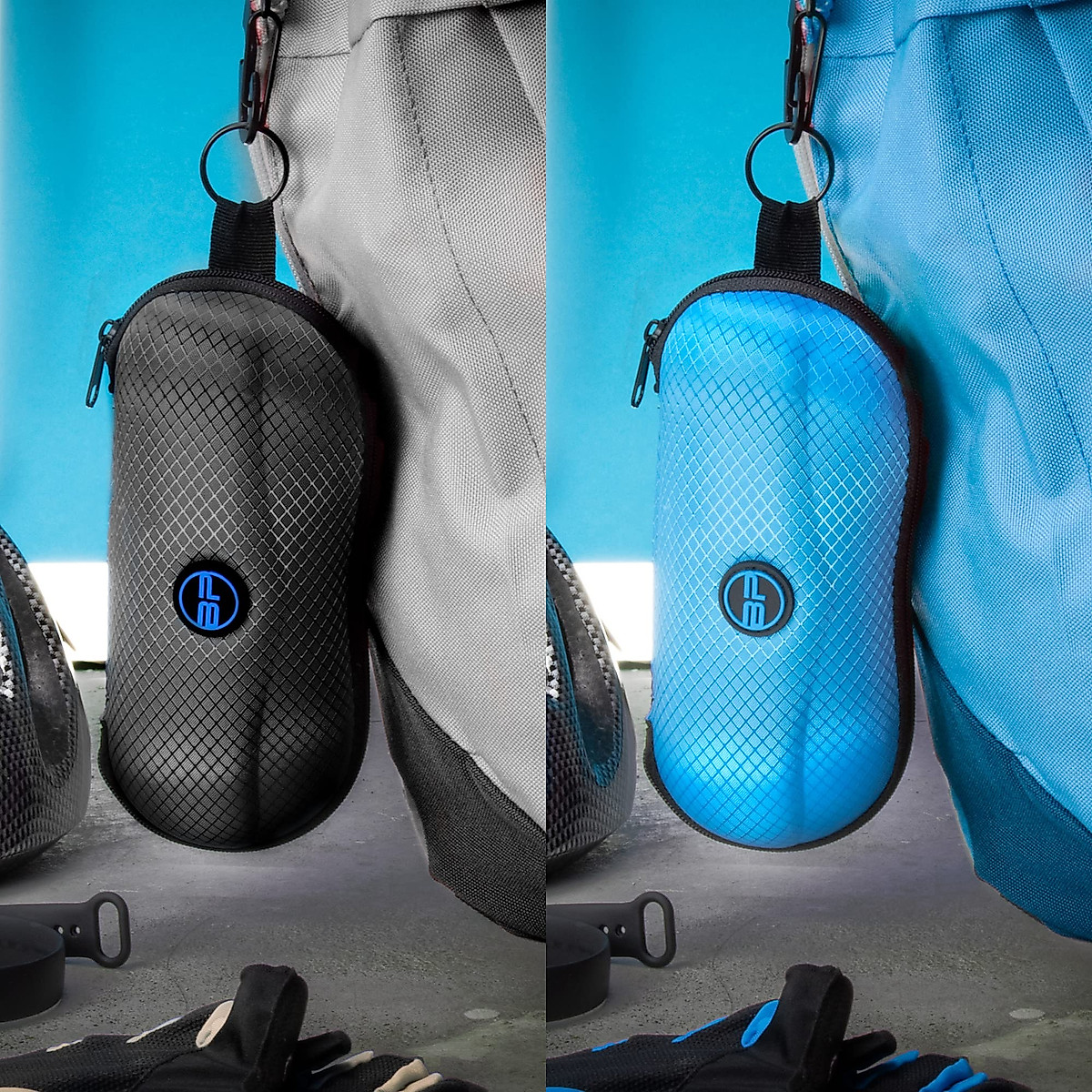 BLUPOND Sunglasses Case Semi Hard EVA Shell with Metal Hanging Hook Belt Clip Sun Glasses Storage (Black/Blue)