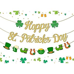 St. Patrick 's Day Banner Decorations Shamrock Clover Garland Banner Irish Party lucky One Birthday Party Supplies Green and Gold Garland