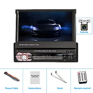 Car Stereo Single Din Electric Flip Out Car Radio with Bluetooth, Rimoody 7 Inch Touchscreen Mirror Link FM Radio AUX- in USB SD TF Card Input EQ Setting MP5 Player + Backup Camera