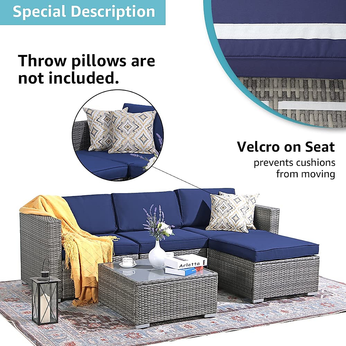 Patiorama 5 Piece Outdoor Patio Furniture Set, Outdoor Sectional Conversation Set, All-Weather Grey PE Wicker w/Navy Blue Cushions, Outdoor Backyard Porch Garden Poolside Balcony Furniture Set