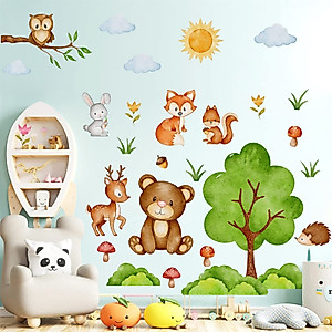 Watercolor Tree Animals Wall Decals,Cartoon Animal Wall Stickers,Nursery Wall Decor Woodland Animal Wall Decals,Fox Giraffe Bear Forest Animal Wall Decal for Kids Room Bedroom Classroom Playroom Decor