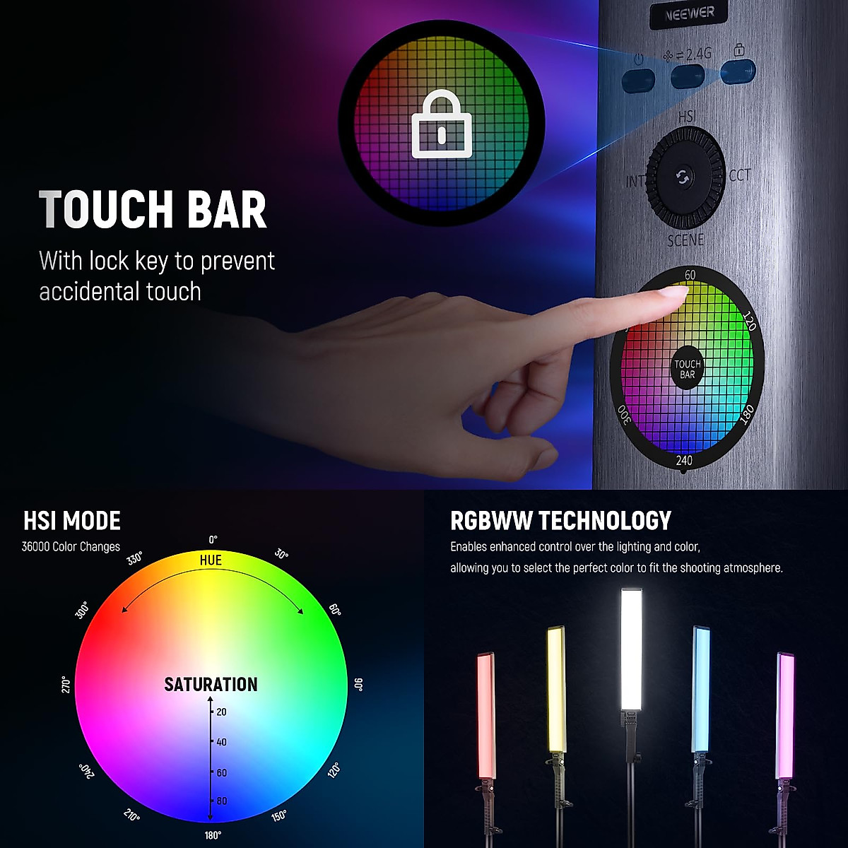 NEEWER Upgraded Interactive RGB LED Video Light Stick with Stand Kit, 2 Pack BH-30S Photography Lighting Wand with RGBWW Hue Mixer/2.4G APP Control/2500K-10000K/CRI&TLCI97+/18 Effects/31Wh Battery
